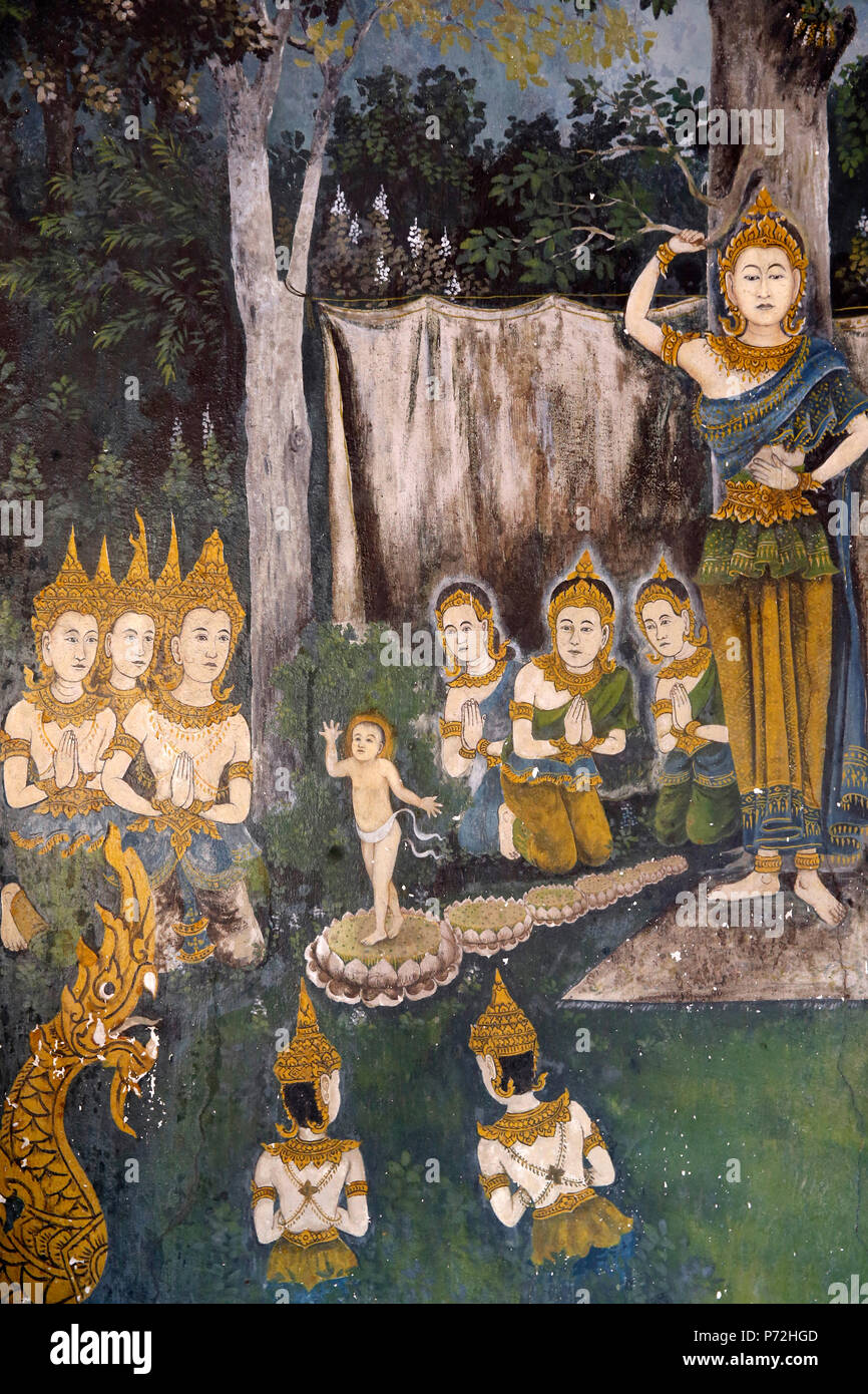 Fresco depicting Buddha as a child in a scene of the Buddha's life in ...