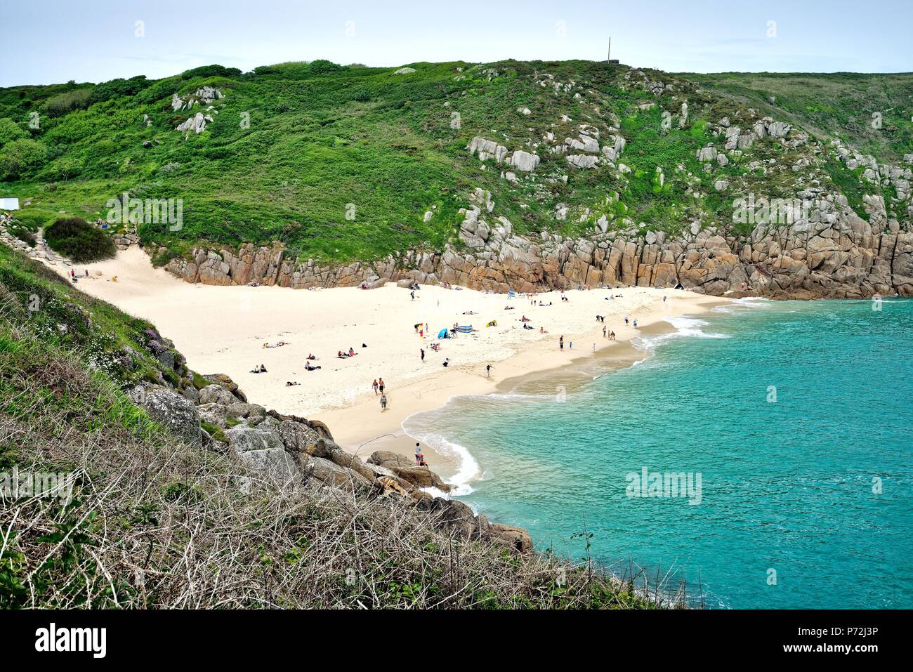 Elevated view of Porthcurno beach on a summers day Cornwall England UK ...