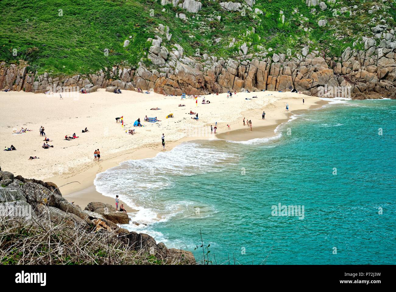 Elevated view of Porthcurno beach on a summers day Cornwall England UK ...