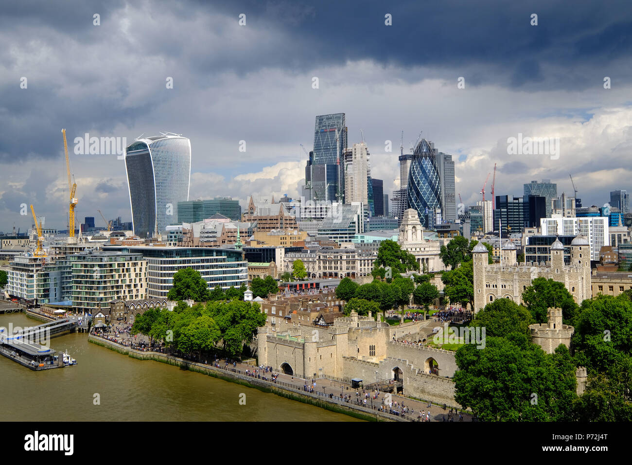 View of the Tower of London and City of London from Tower Bridge ...
