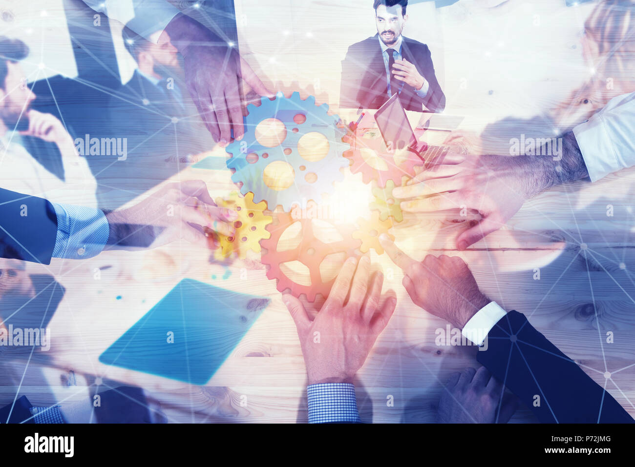 Business team connect pieces of gears. Teamwork, partnership and ...