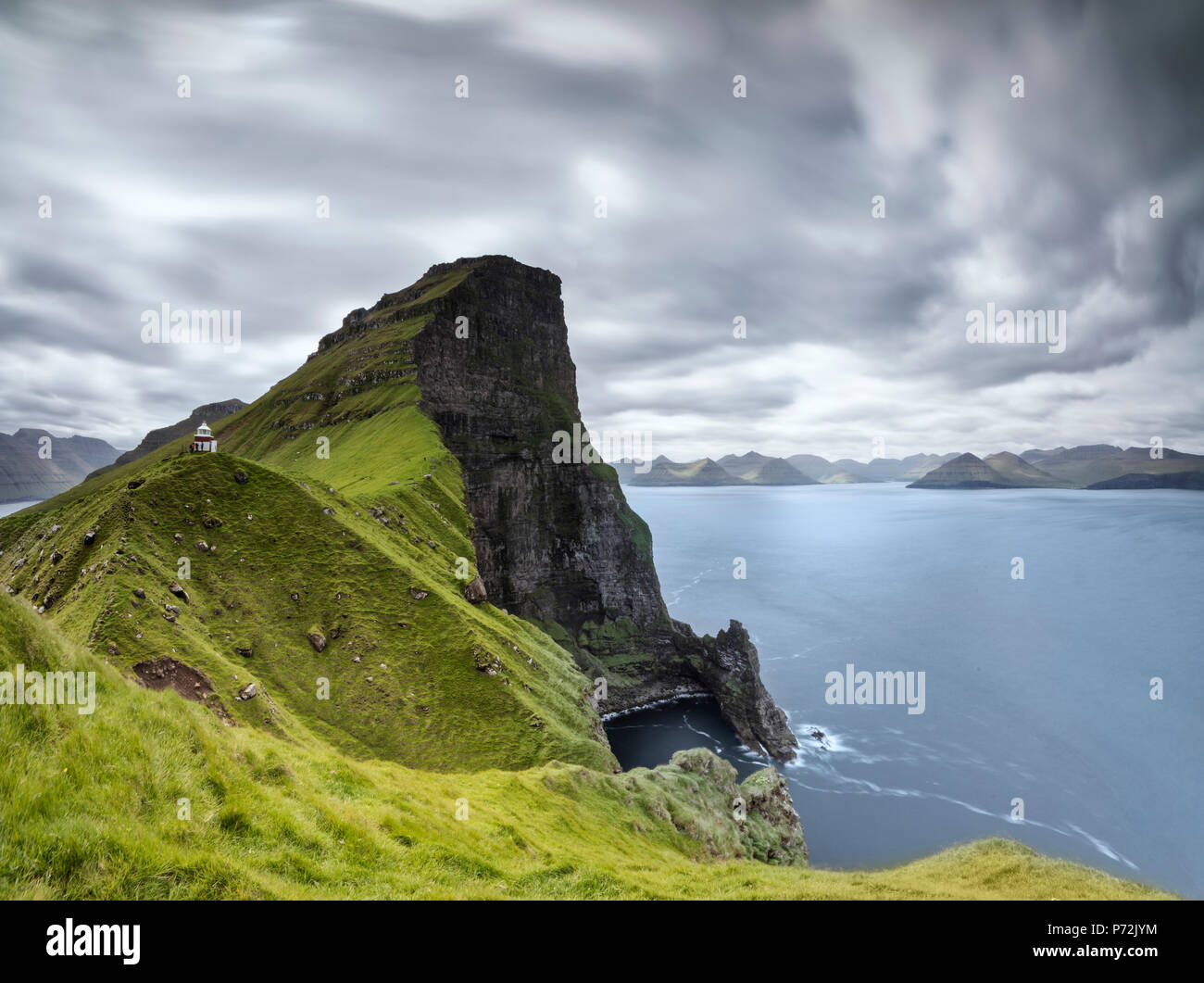 Panoramic of Kallur Lighthouse on cliffs, Kalsoy Island, Faroe Islands ...