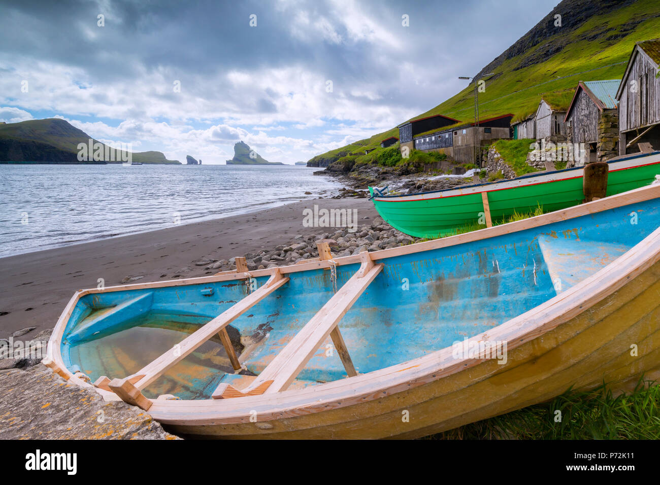 Boats on the beach, Bour, Vagar Island, Faroe Islands, Denmark, Europe ...