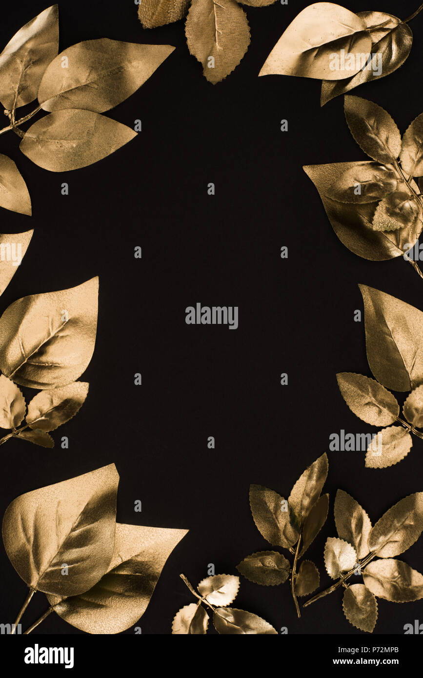close up view of shiny golden leaves isolated on black Stock Photo - Alamy