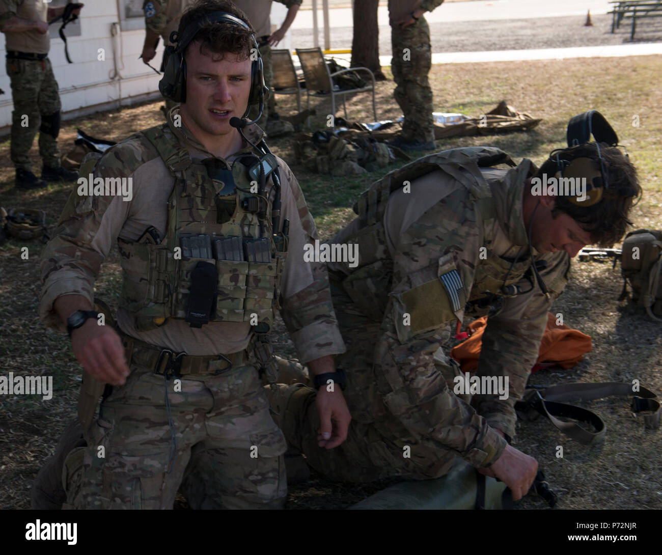 U.S. Air Force pararescuemen with the 58th Rescue Squadron prepare ...