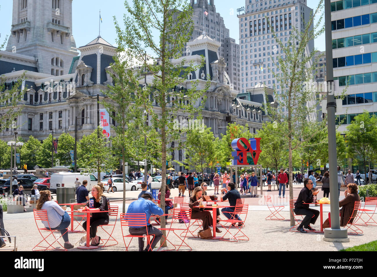 Love Park with Robert Indiana Sculpture and people on plaza , Benjamin ...