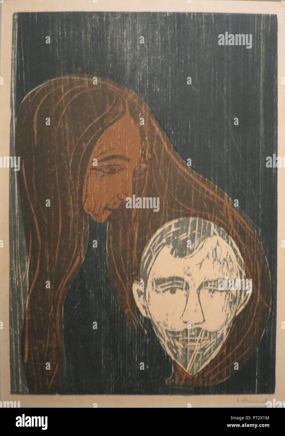 English: Man's Head in Woman's Hair by Edvard Munch, 1896, woodcut ...