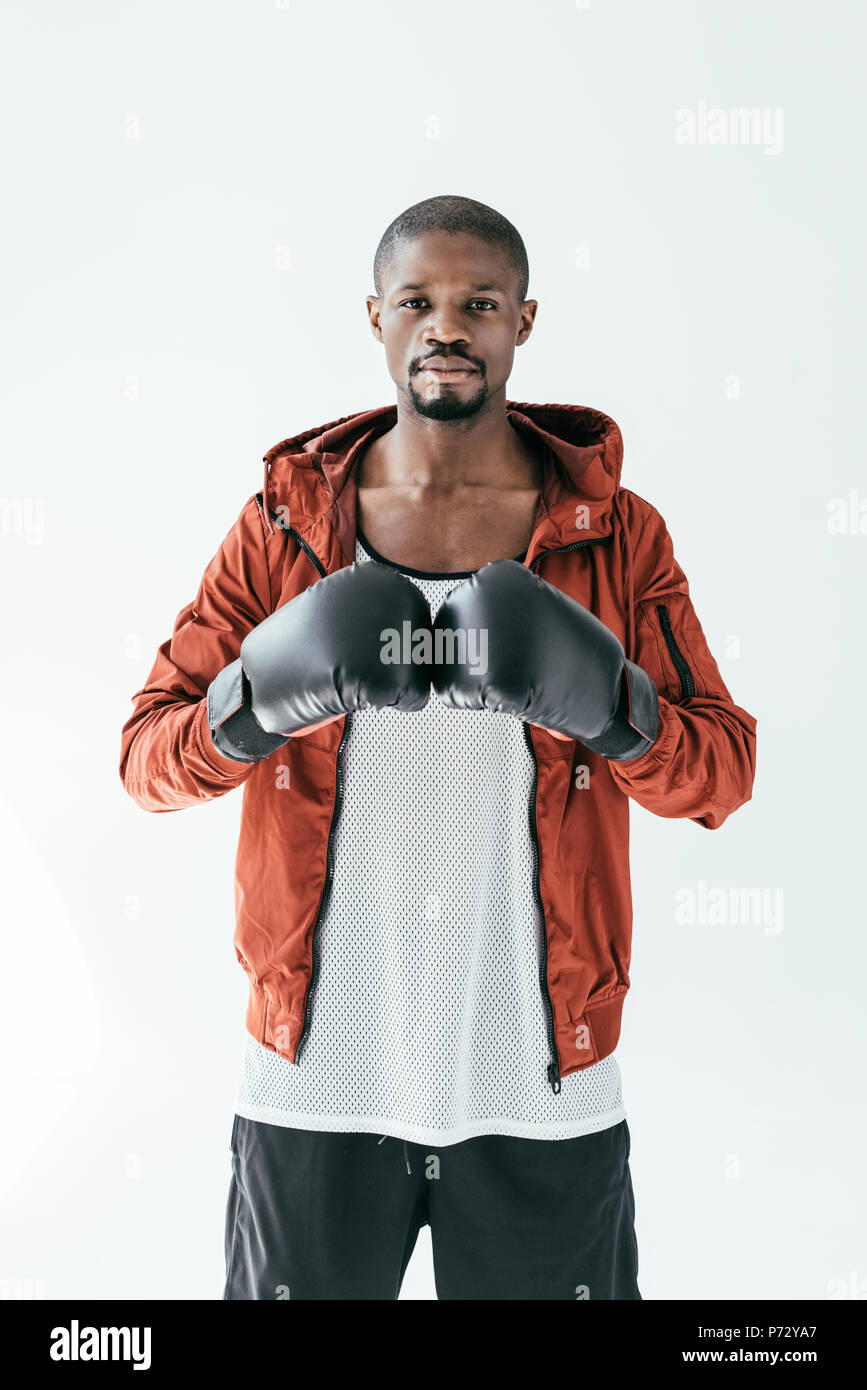 sportive african american man in boxing gloves, isolated on white Stock ...