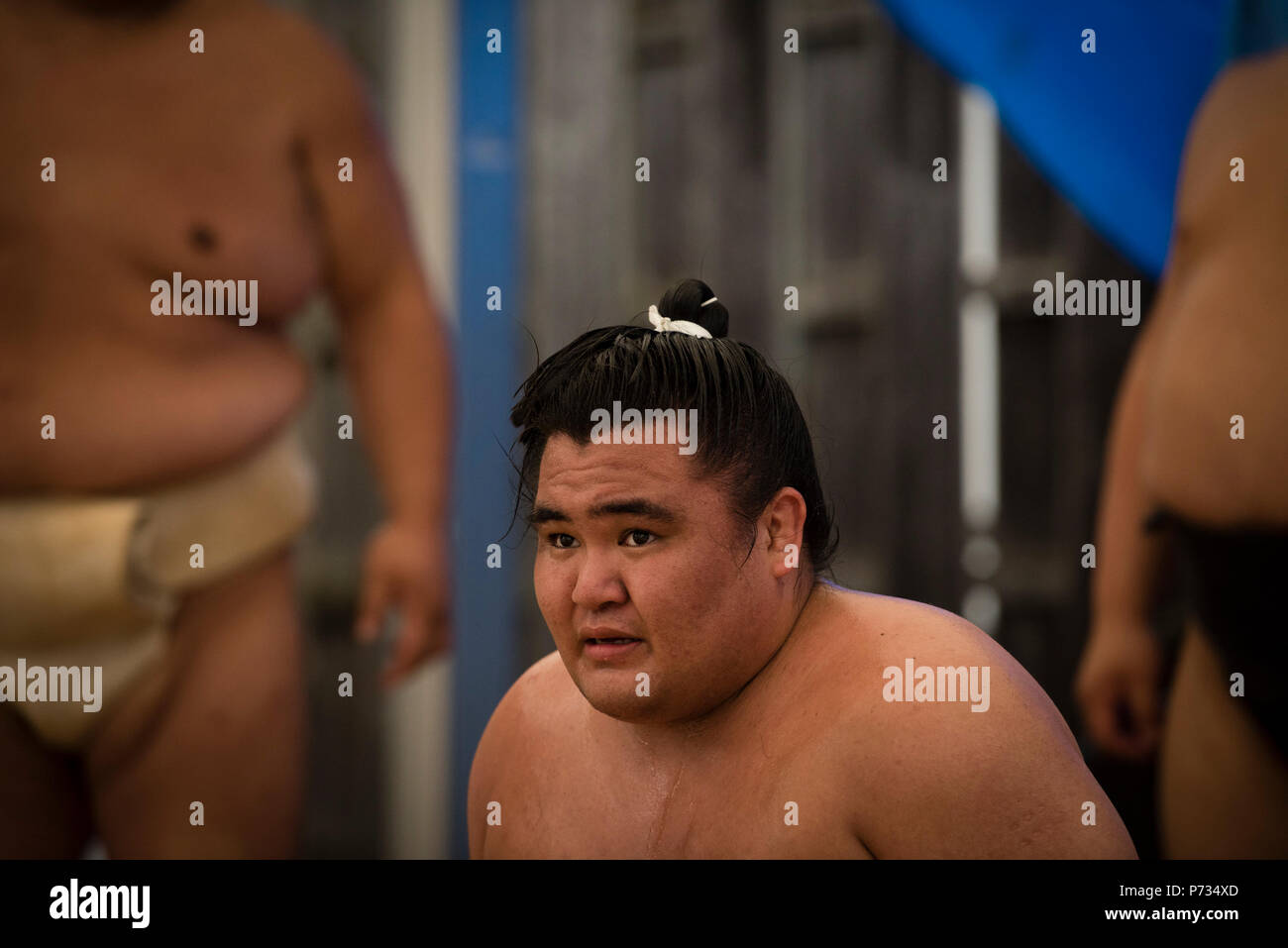 Nagoya, Japan. 4th July, 2018. Sumo wrestlers practice at a training ...