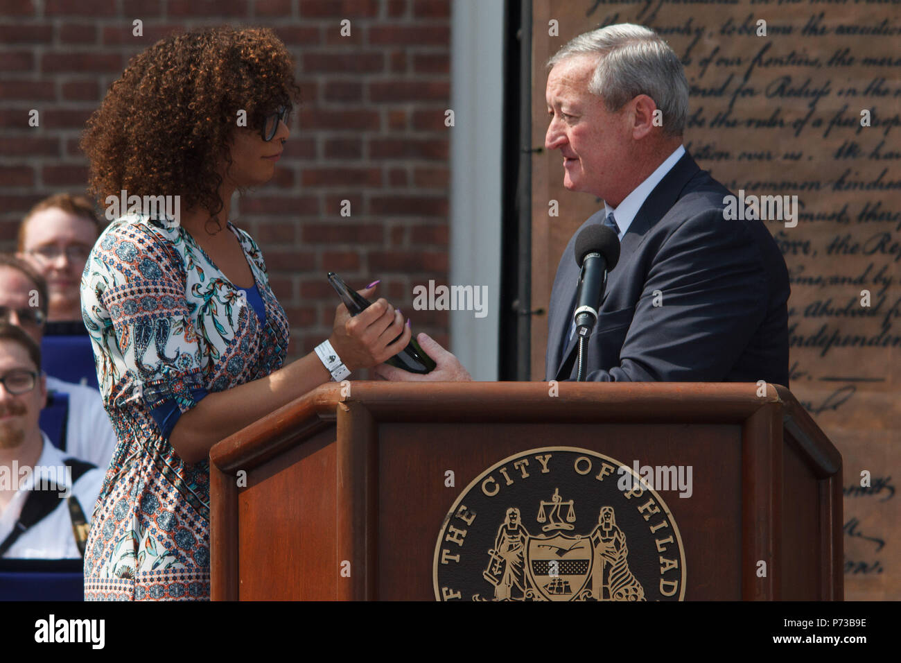 Philadelphia, PA, USA. 4th July, 2018. Mayor Jim Kenney gives the city ...