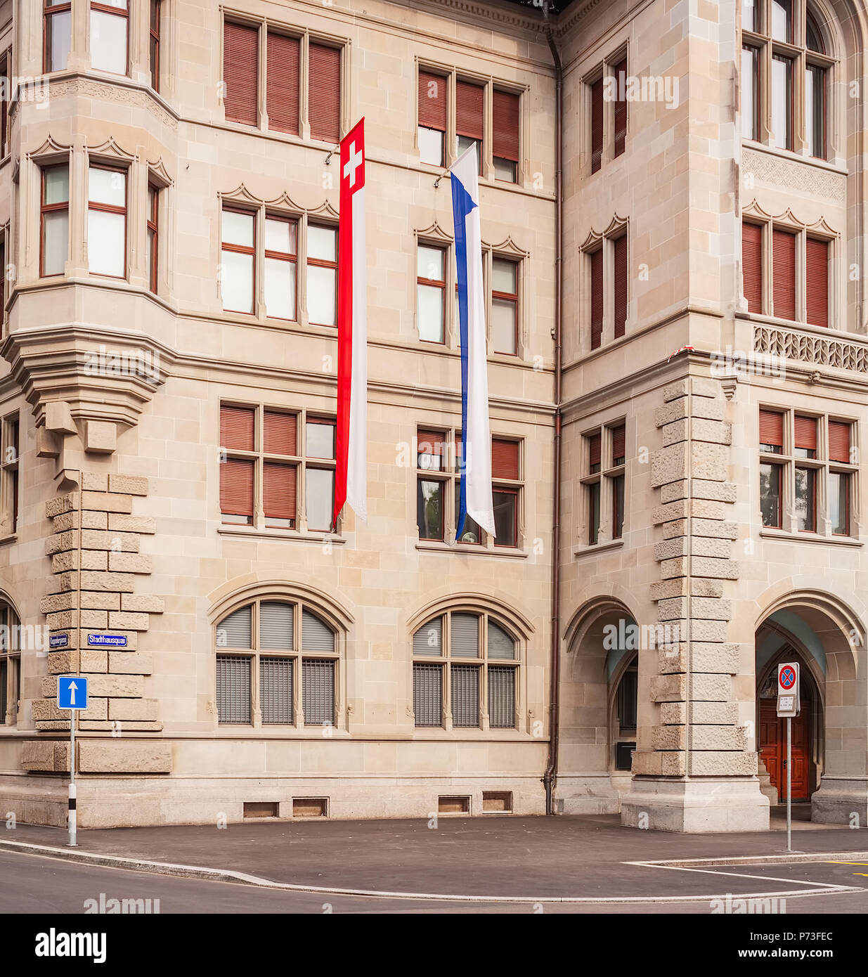 Zurich, Switzerland - August 1, 2014: part of the facade of the Zurich ...