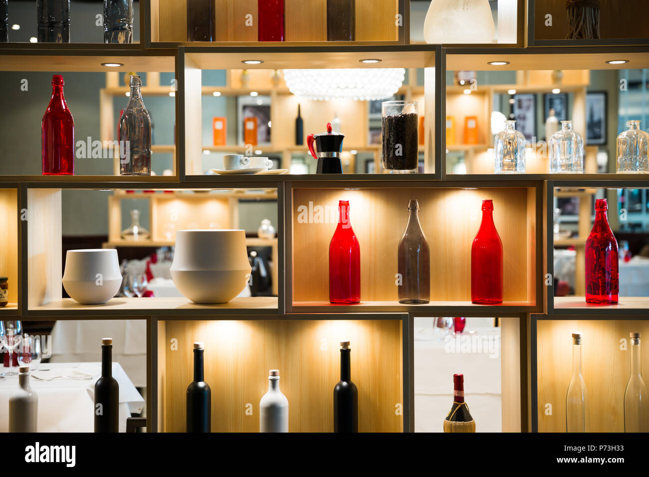 Restaurant Wooden Shelf Separation Wall with Coloured Decoration Stock ...