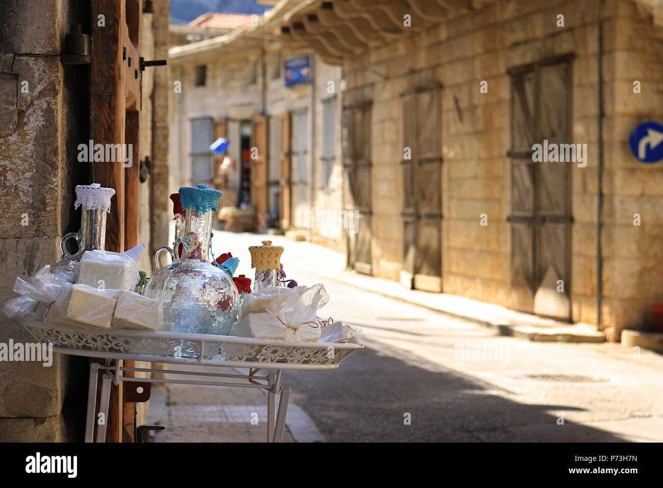 A display of glass water pitchers in the souks of Douma, Lebanon Stock ...
