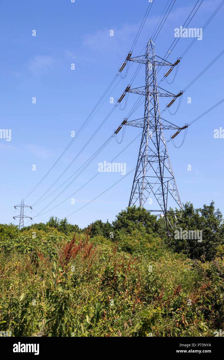 A view of Electricity Pylons in the UK. A pylon is a tall structure ...