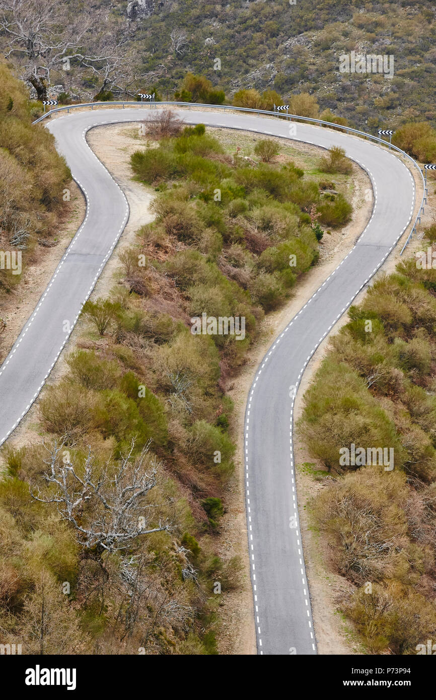 Empty curved asphalt mountain road. Rural scenic travel. Vertical Stock ...