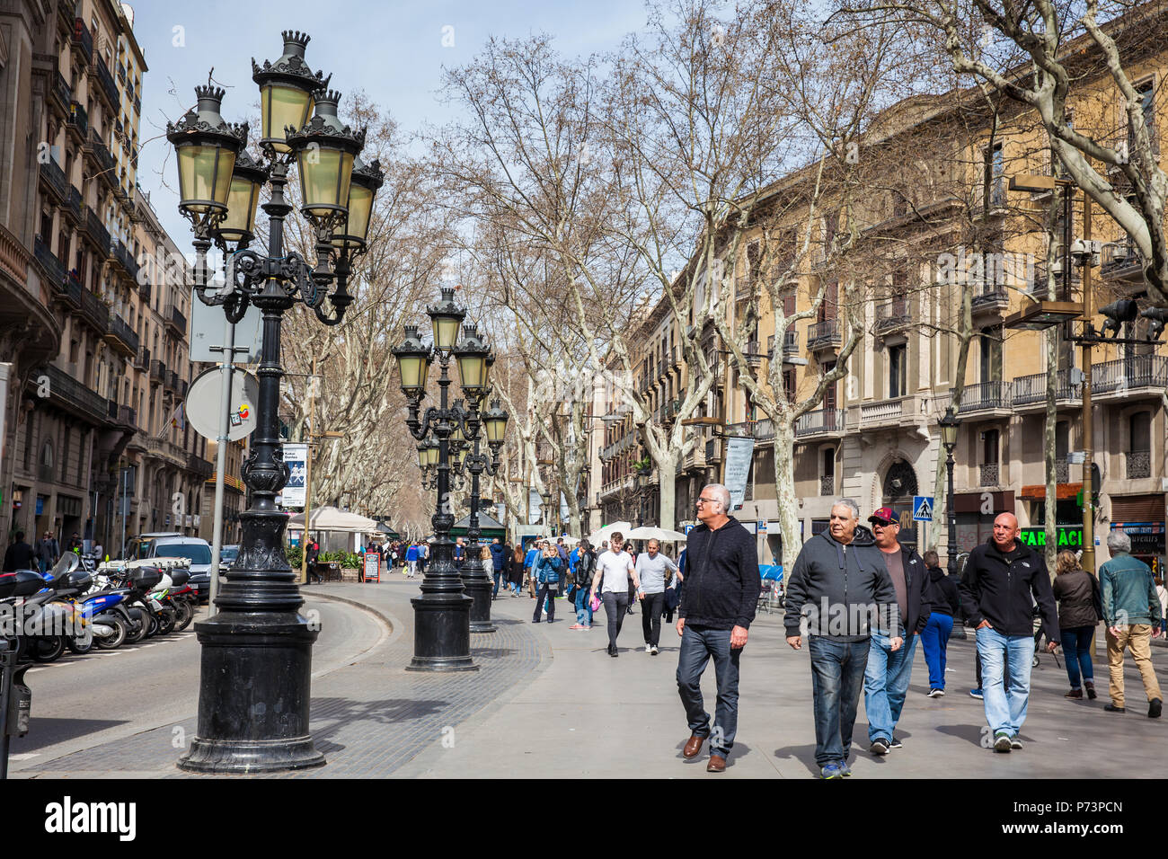 BARCELONA - MARCH, 2018: La Rambla pedestrian street in Barcelona Spain ...