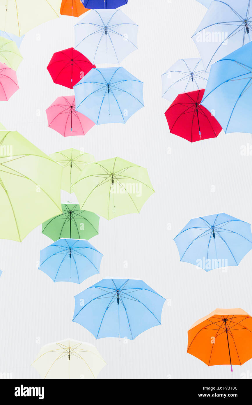 Looking up the multiple umbrellas in various colors against white ...