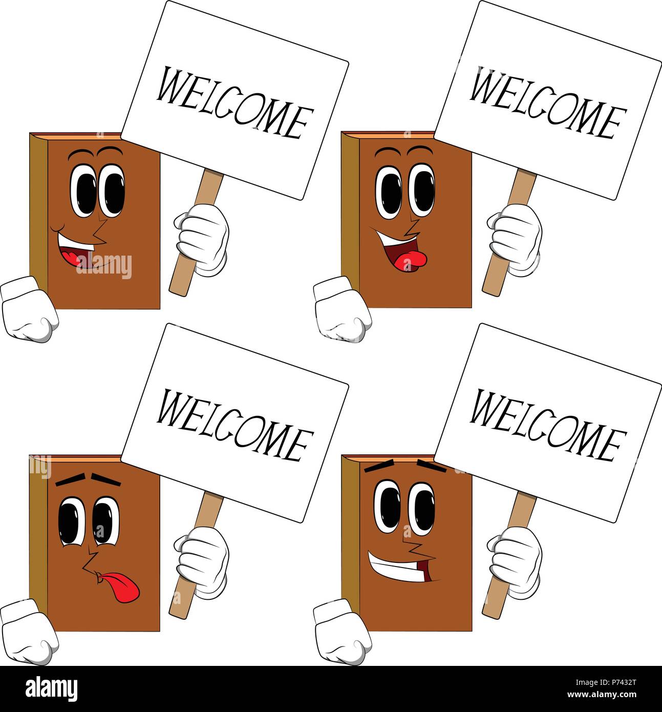 Books holding a banner with welcome text. Cartoon book collection with ...