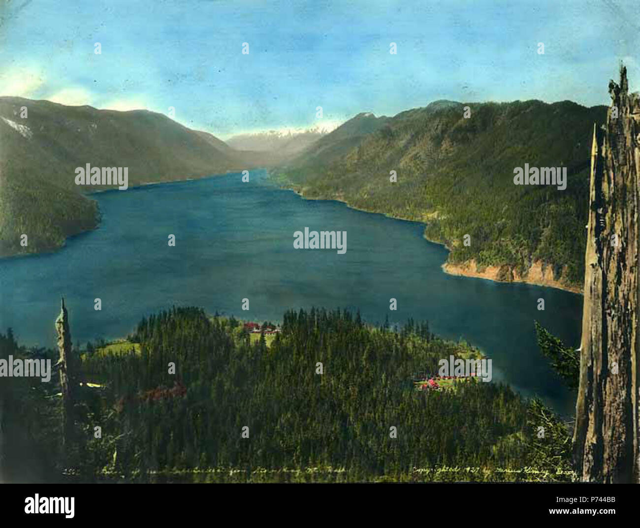 . English: Bird's-eye view of Lake Crescent, ca. 1927 . English ...