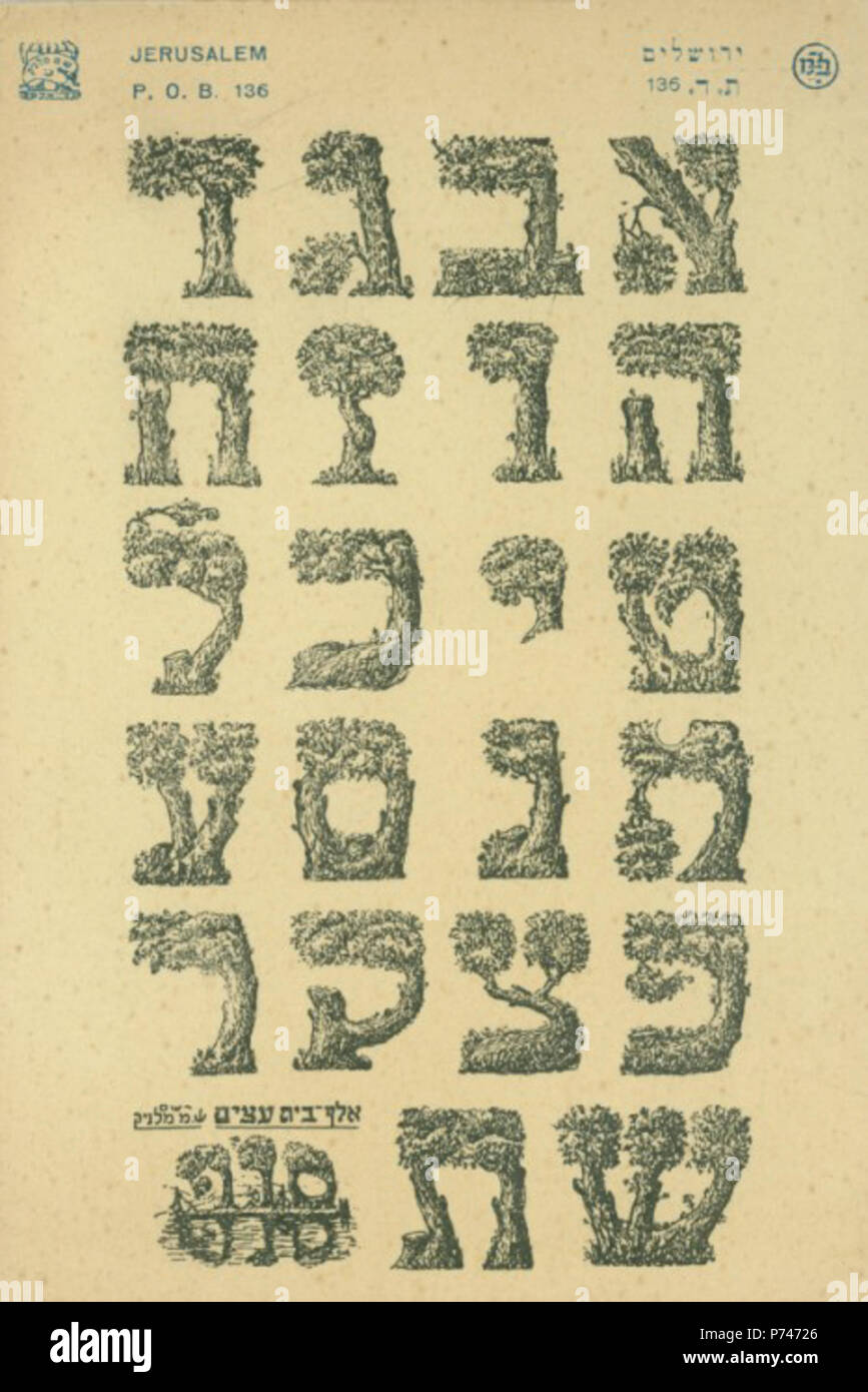 English: 'Alef Bet Etzim' [Tree Alphabet], postcard with the Alef-Bet ...