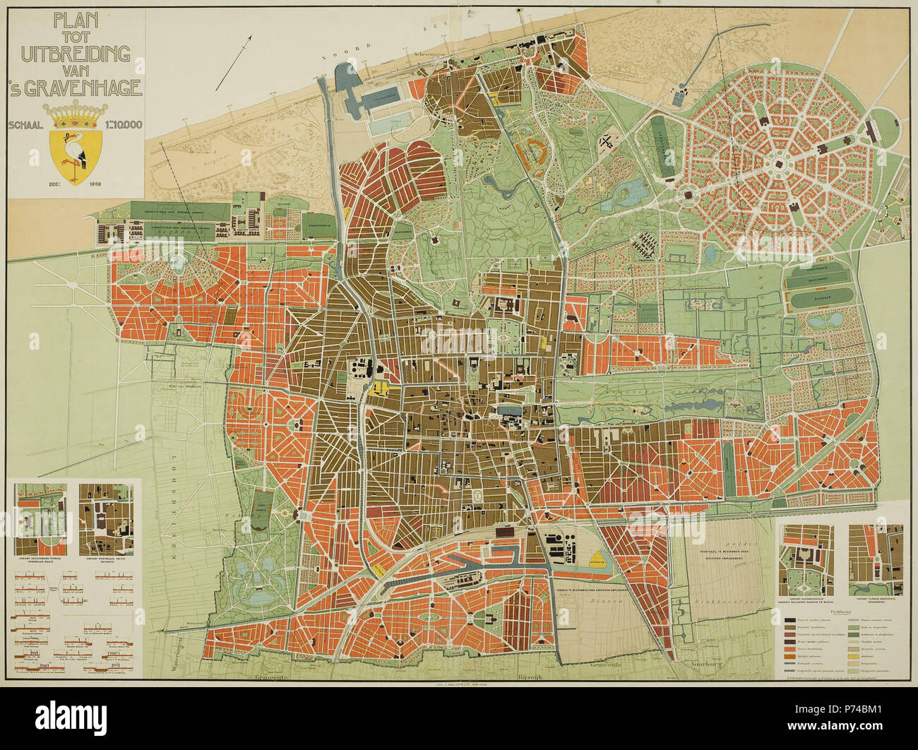 Nederlands: Plattegrond van Den Haag uit 1908 waarop aangegeven het ...