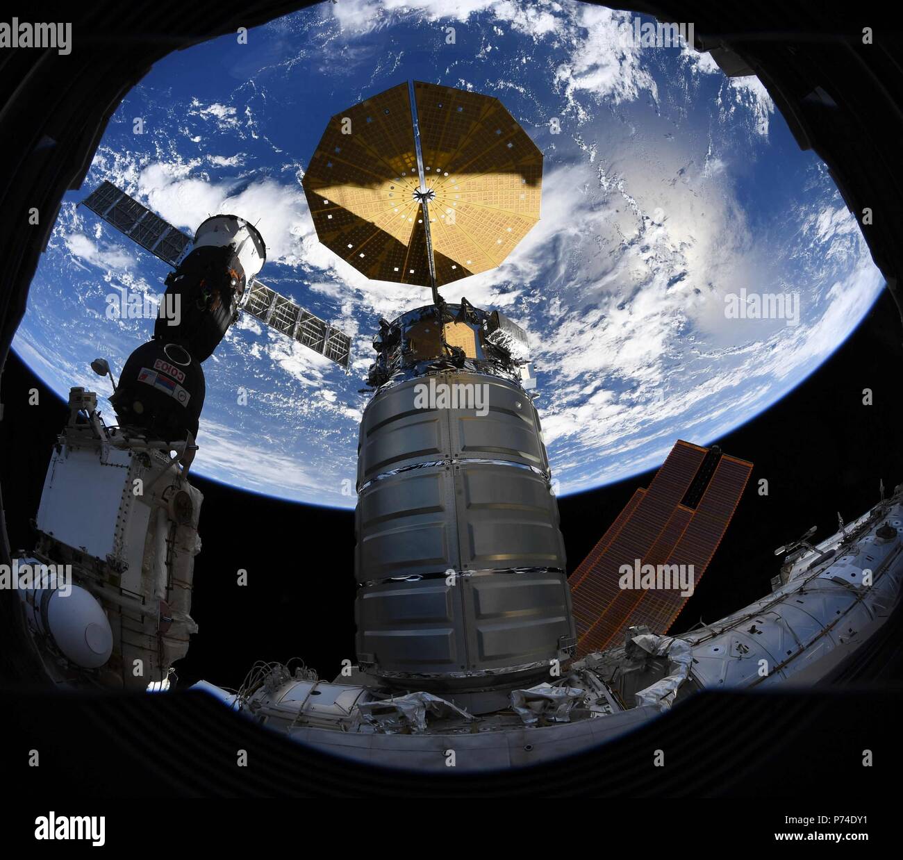 A fish-eye lens view showing the Northrop Grumman Orbital ATK Cygnus ...