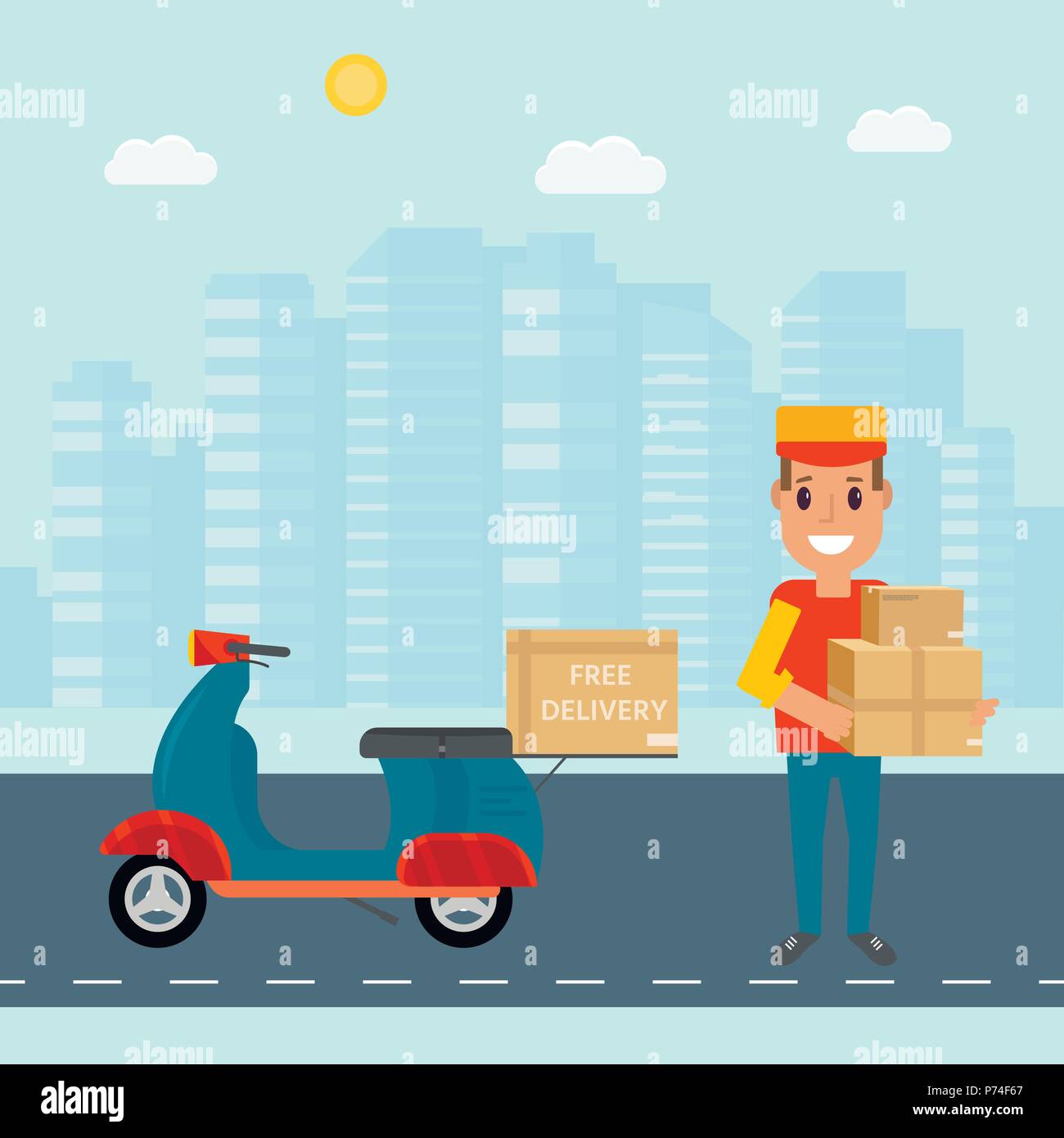 Logistics and delivery service concept: motorbike, smiling couriers ...