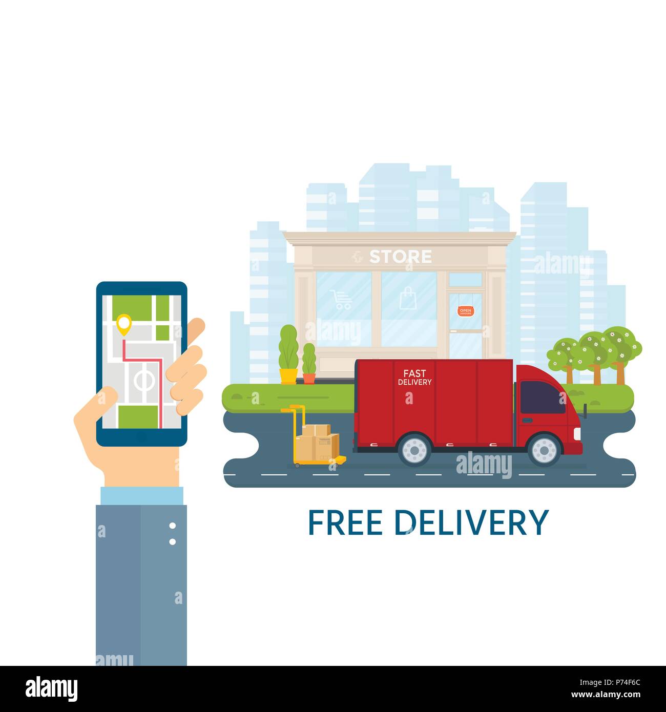 Logistics and delivery service concept: truck, lorry, van store and ...