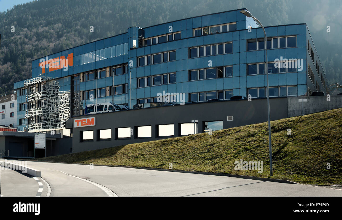 Reflective face of the TEM building in Chur Plankis, Graubünden Stock ...