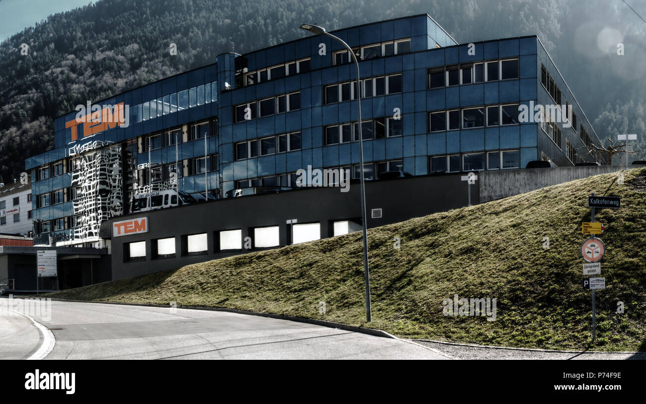 Reflective face of the TEM building in Chur Plankis, Graubünden Stock ...