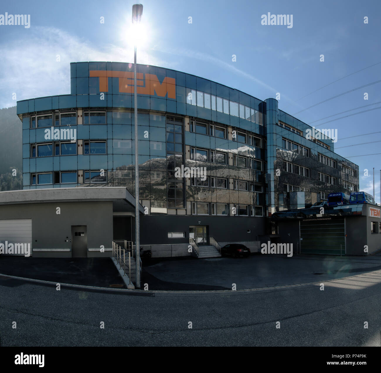 Reflective face of the TEM building in Chur Plankis, Graubünden Stock ...