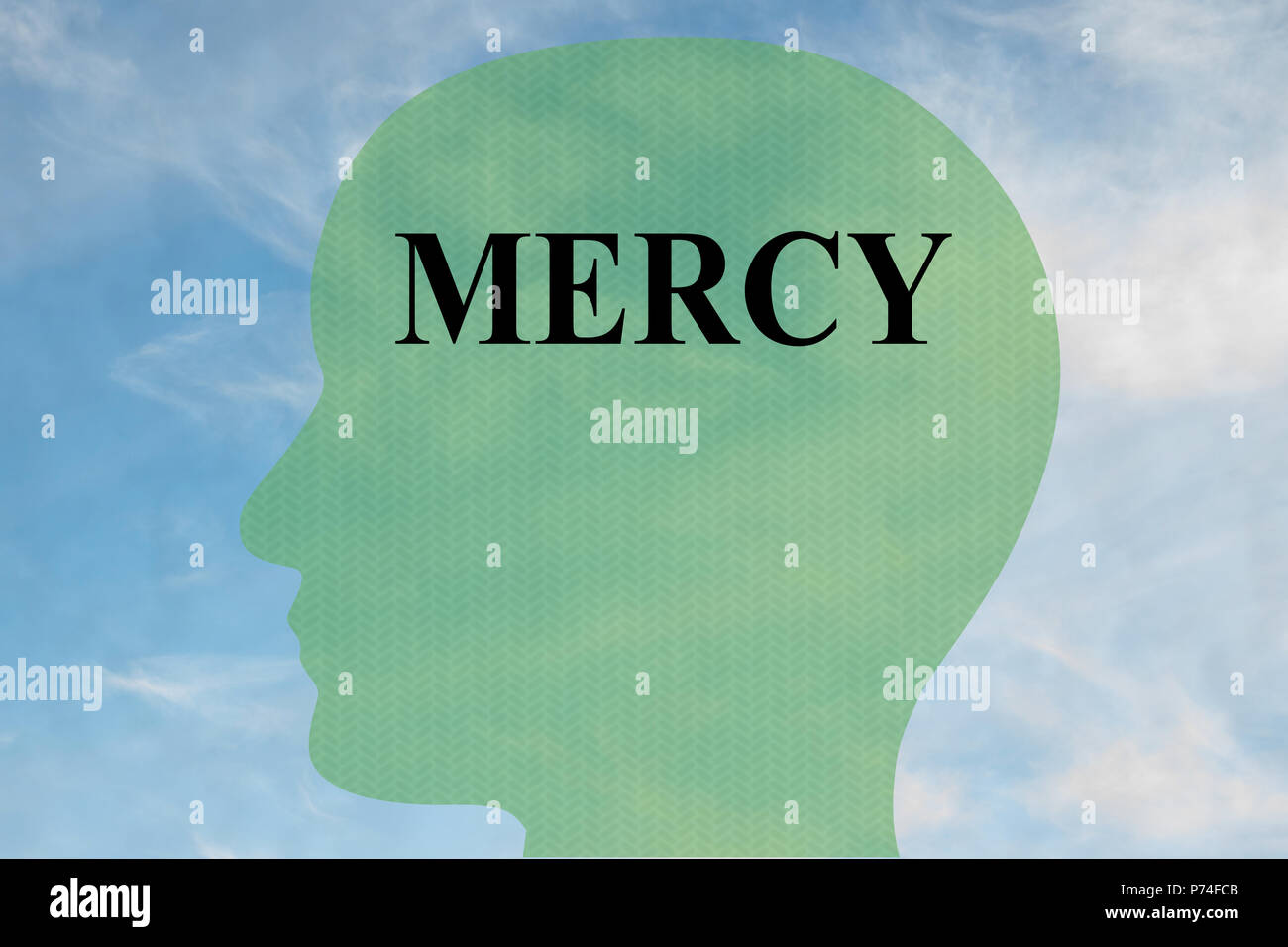 Render illustration of MERCY title on head silhouette, with cloudy sky ...
