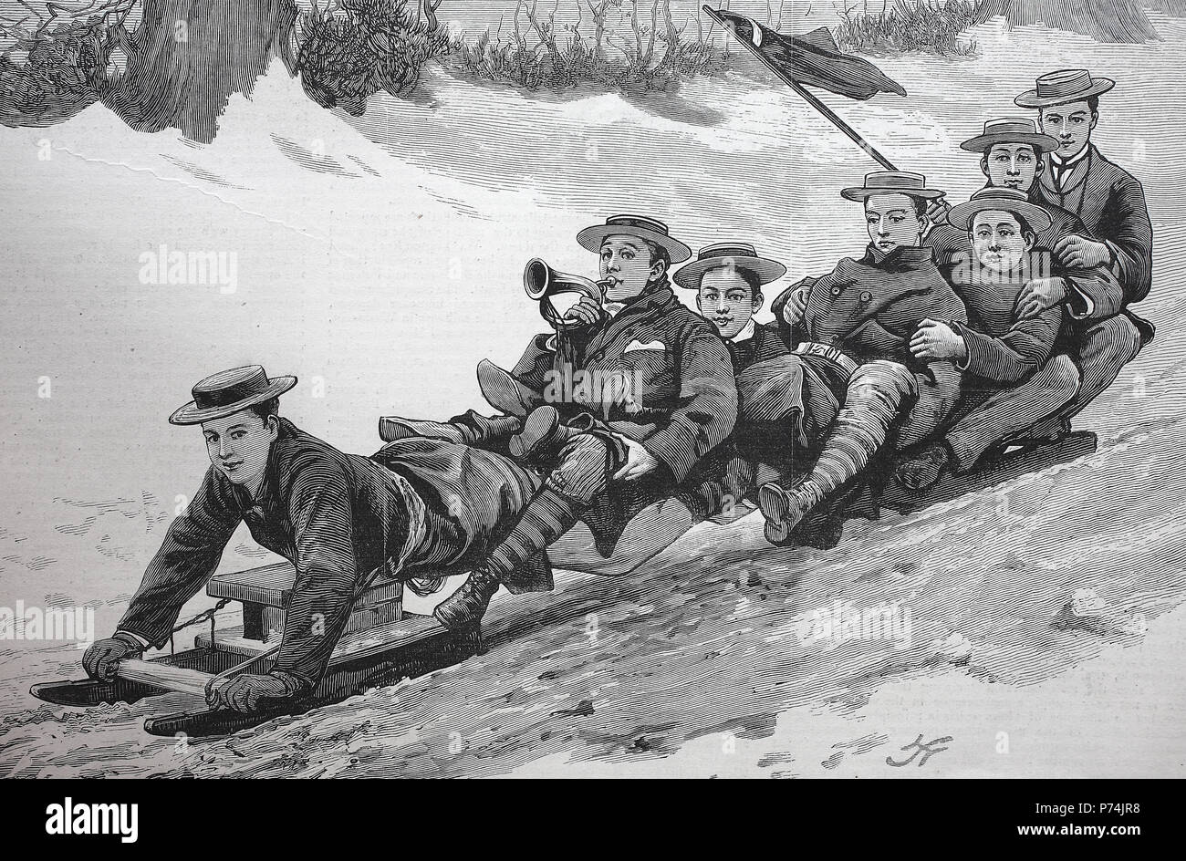 winter pleasure, coasting on a bob sleigh at Harrow, seven boys ...