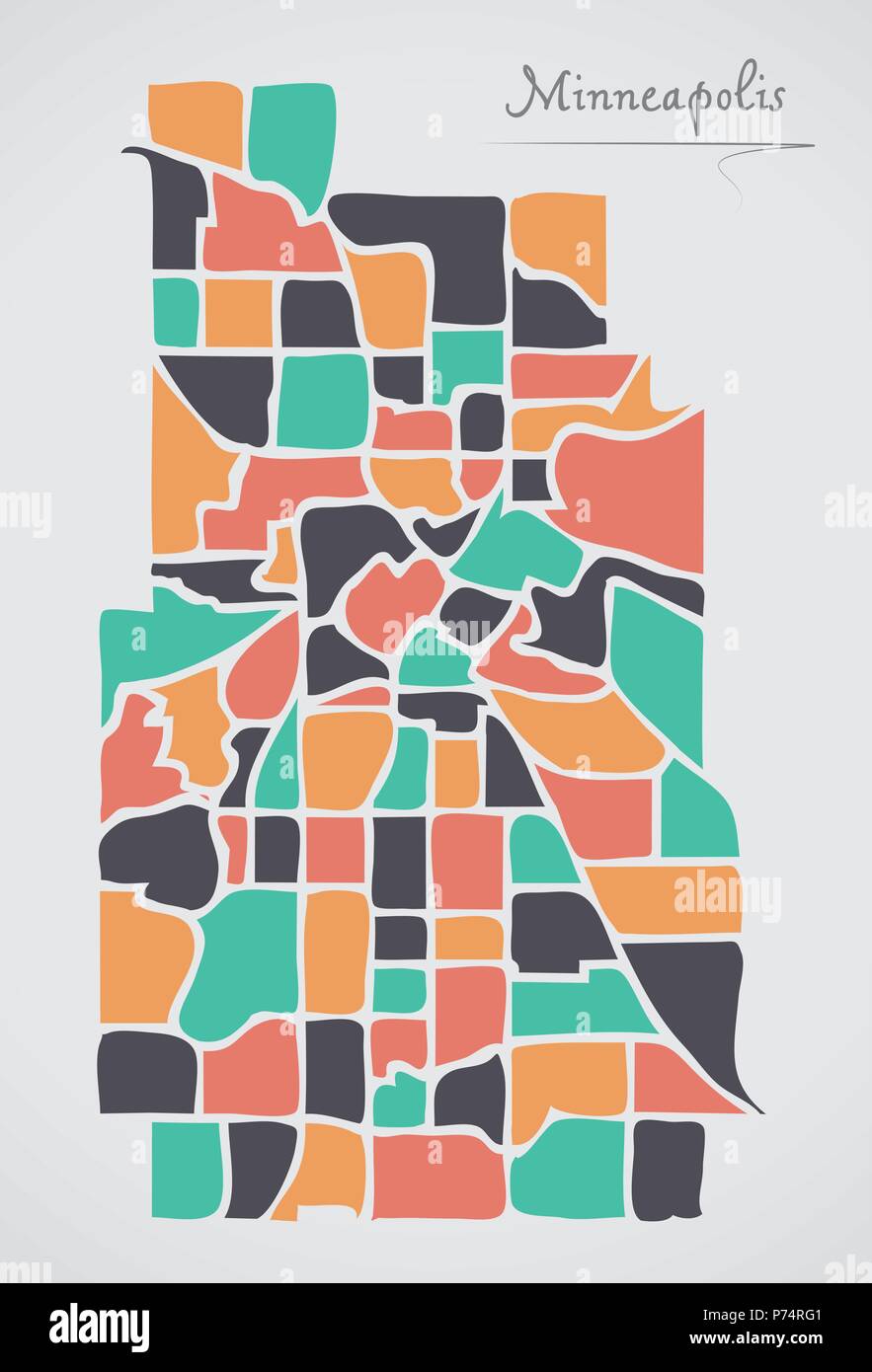 Minneapolis Minnesota Map with neighborhoods and modern round shapes ...