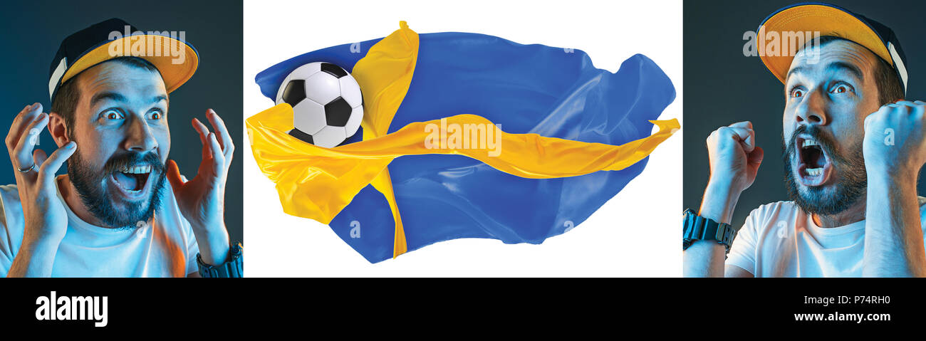 The collage about emotions of football fans of Sweden teem and flag ...