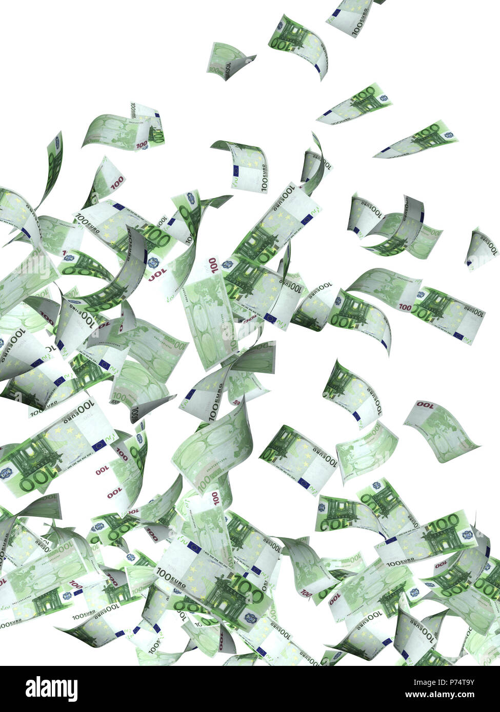 Flying banknotes of hundred euro. Isolated on white background. 3d ...