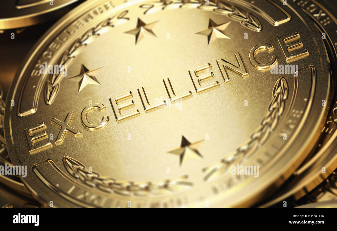 Close up of a golden medal with the word excellence written in relief ...