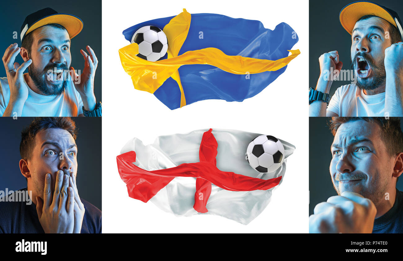 The collage about emotions of football fans of England and Sweden teems ...