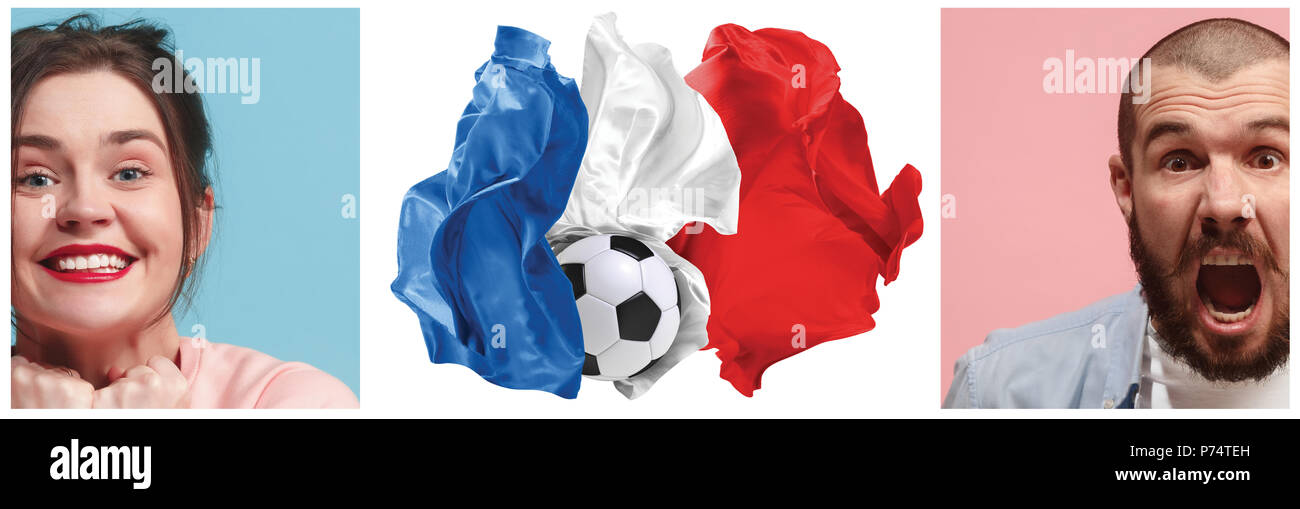 The collage about emotions of football fans of France teem and flag ...