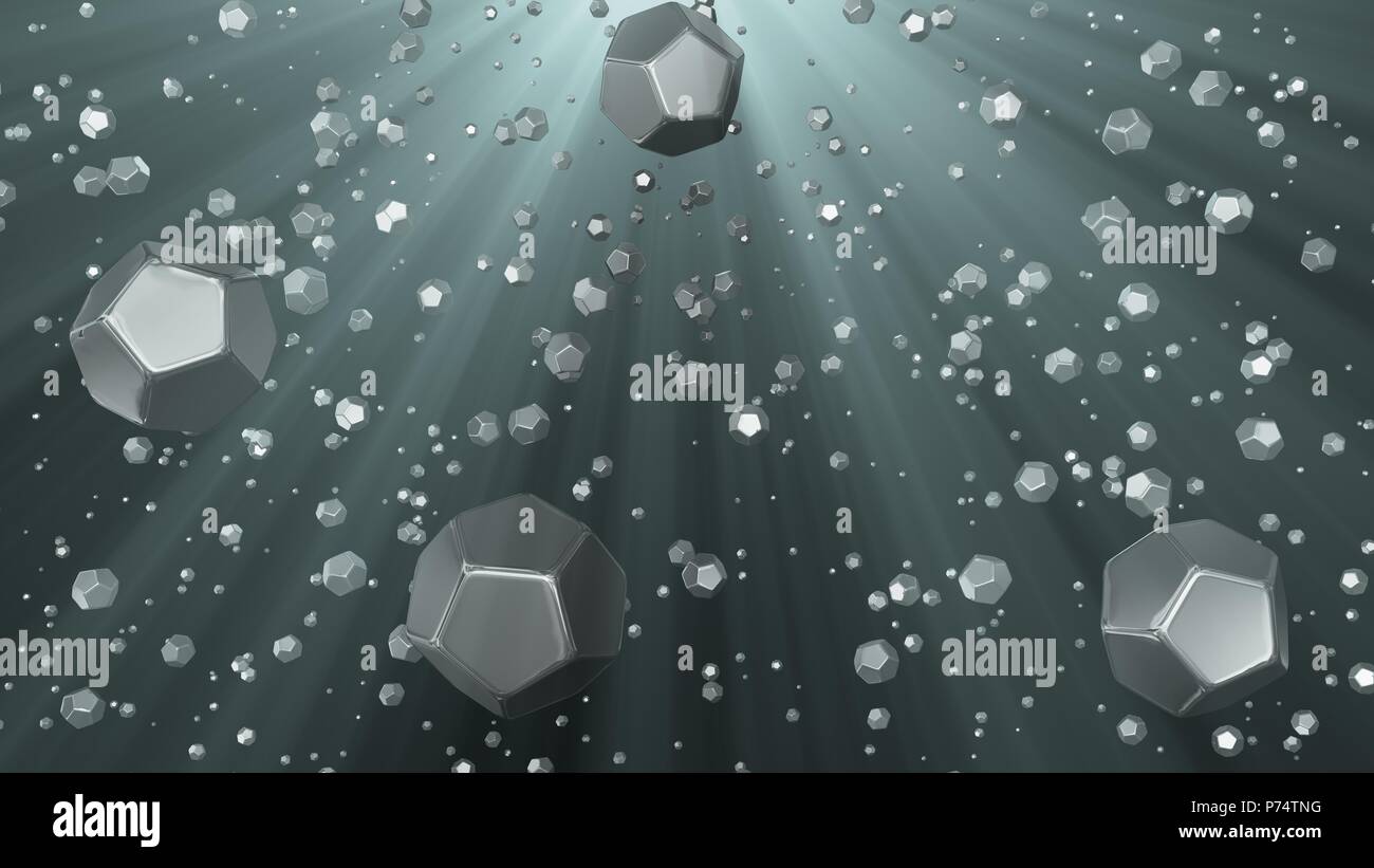 Nanoparticles in rays of light . Mixed large and small sizes.3d render ...