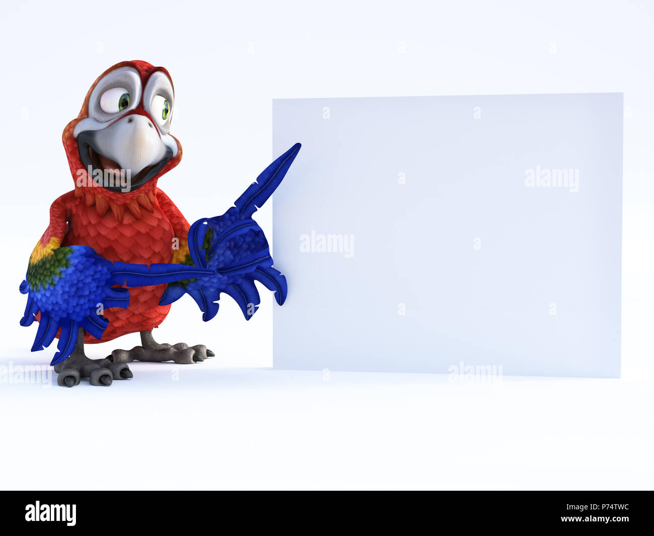 3D rendering of cartoon parrot smiling and pointing with its wing to a ...