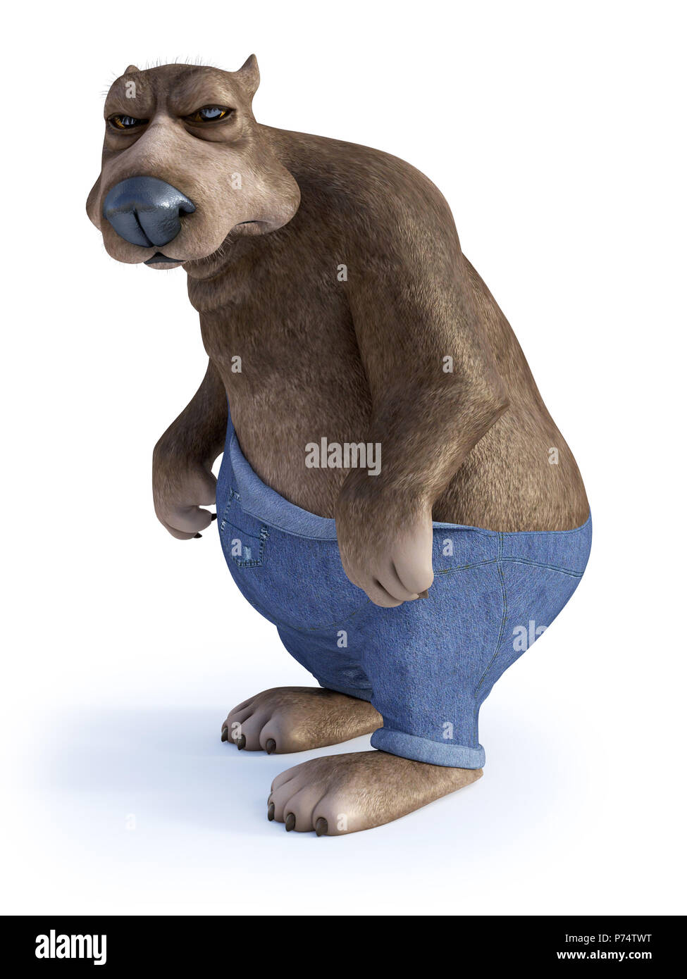 3D rendering of a cartoon bear looking very grumpy or angry. White ...