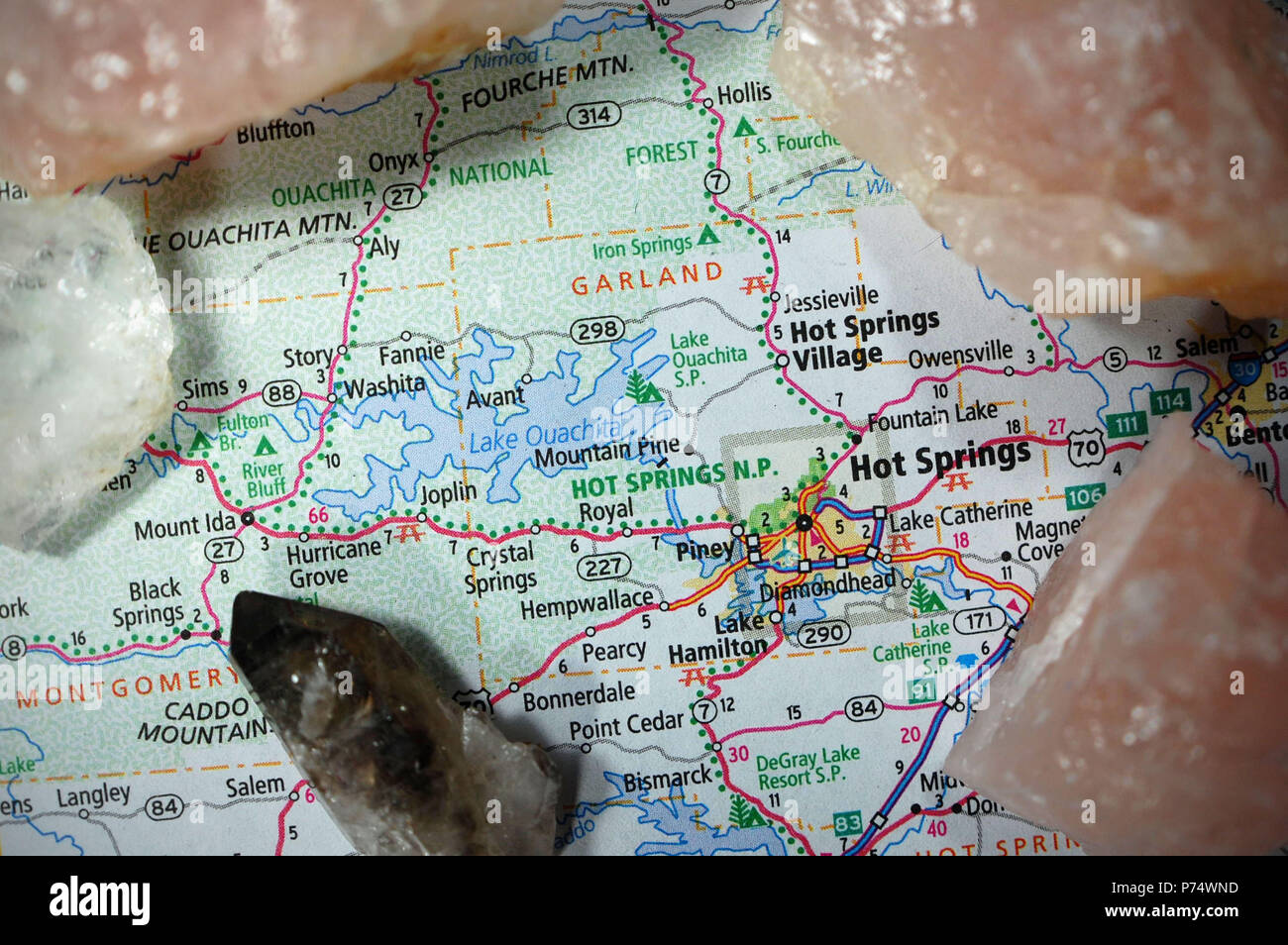 Quartz crystals pictured with a map of Mount Ida and the Ouachita ...