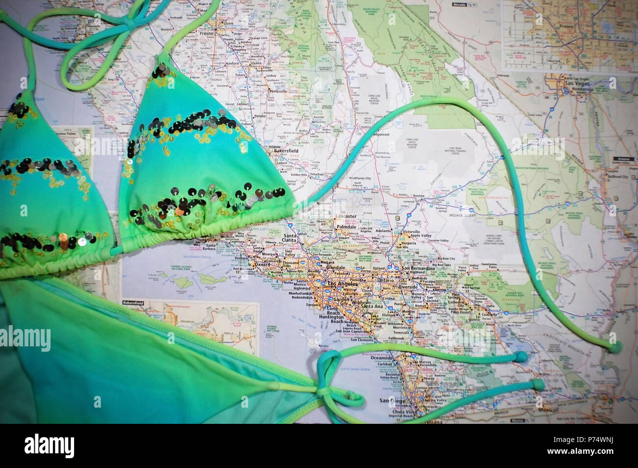 A string bikini pictured with a map of Los Angeles, CA Stock Photo - Alamy