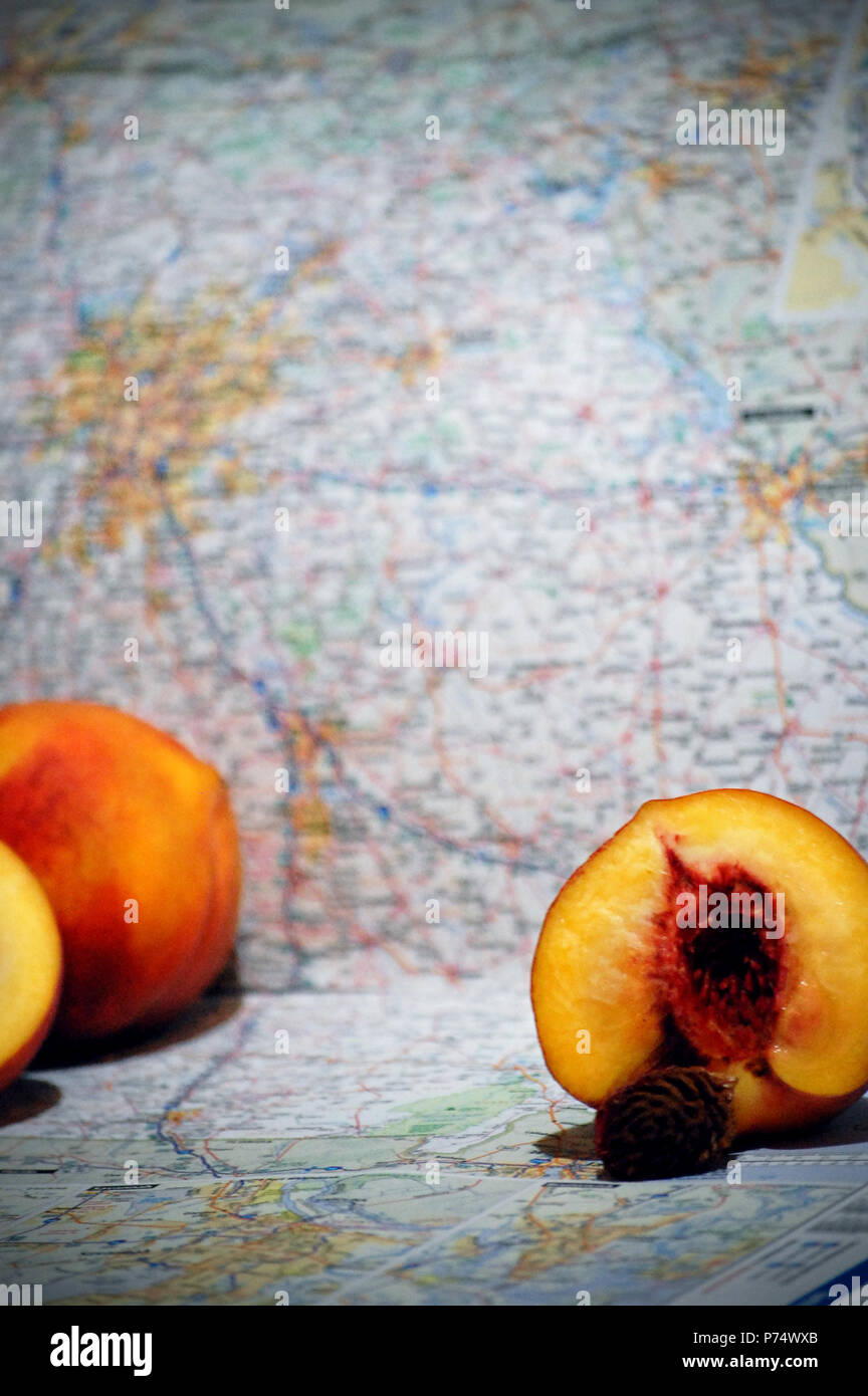 Peaches pictured with a map of Georgia Stock Photo - Alamy