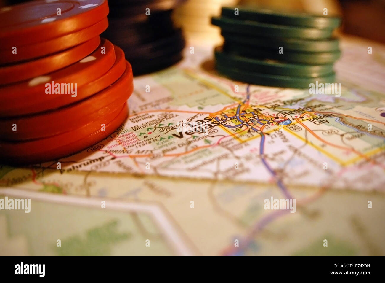 Poker chips pictured with a map of Las Vegas, NV Stock Photo - Alamy