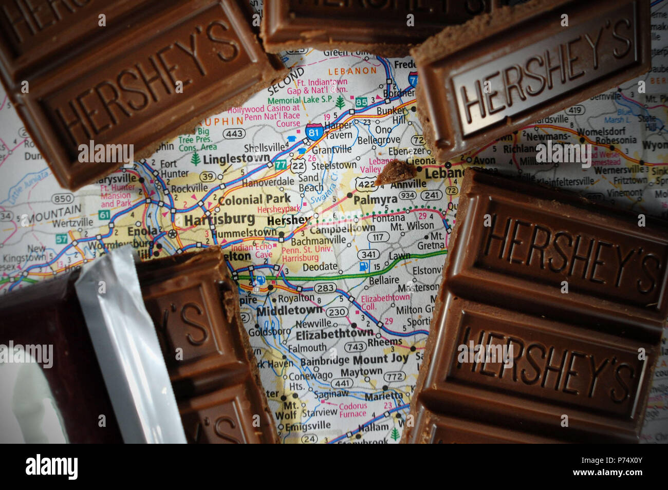 A chocolate bar pictured with a map of Hershey, PA Stock Photo - Alamy