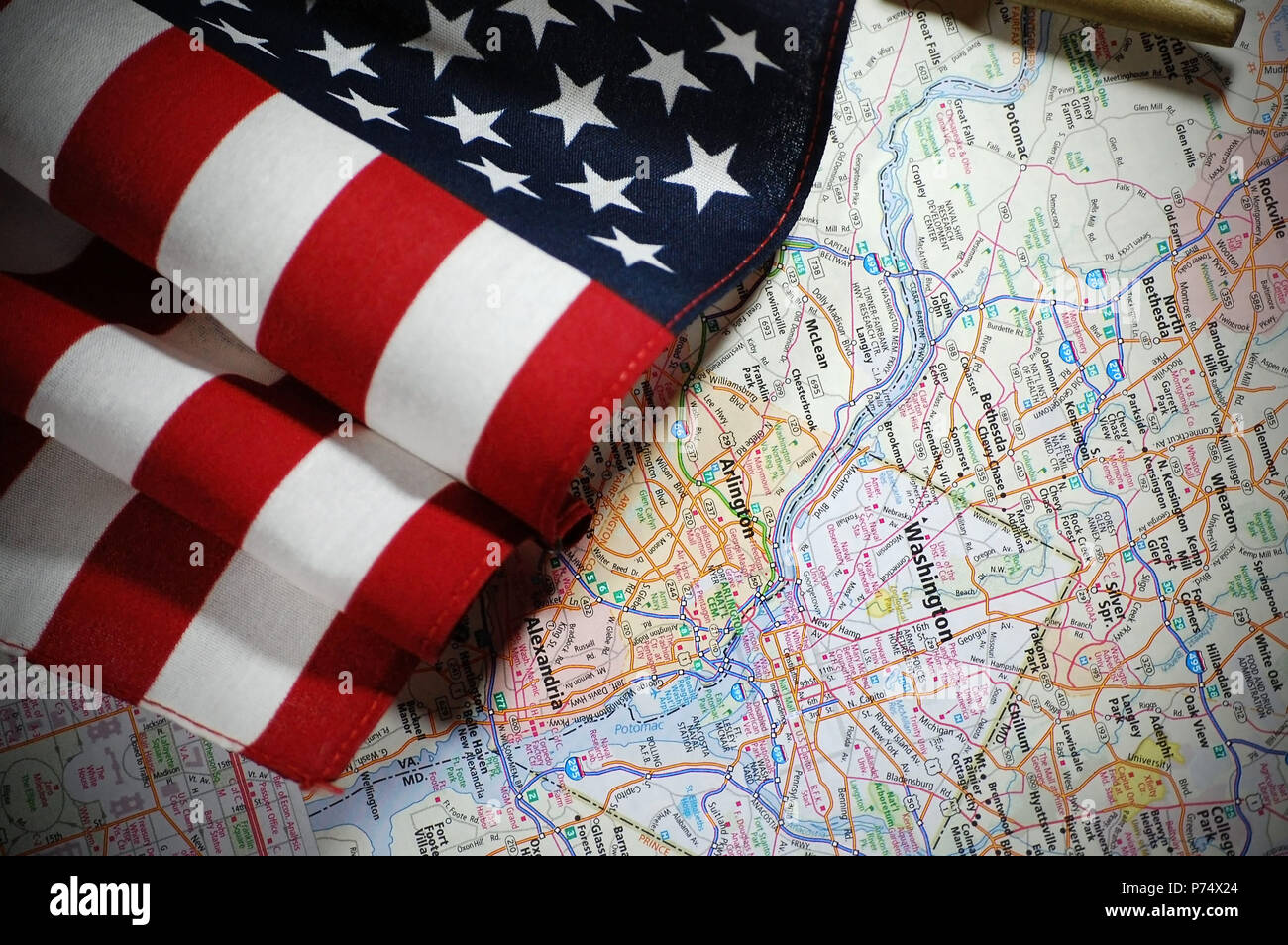 An American flag pictured with a map of Washington D.C Stock Photo - Alamy