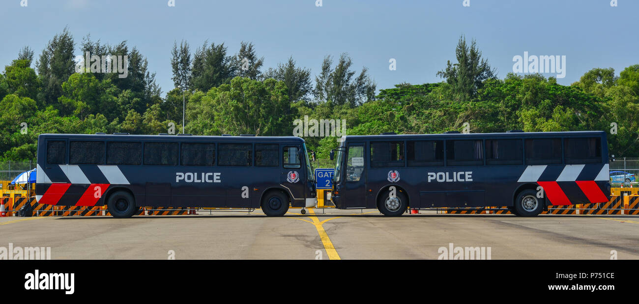 Singapore - Feb 10, 2018. Police cars parking at the park of exhibition ...