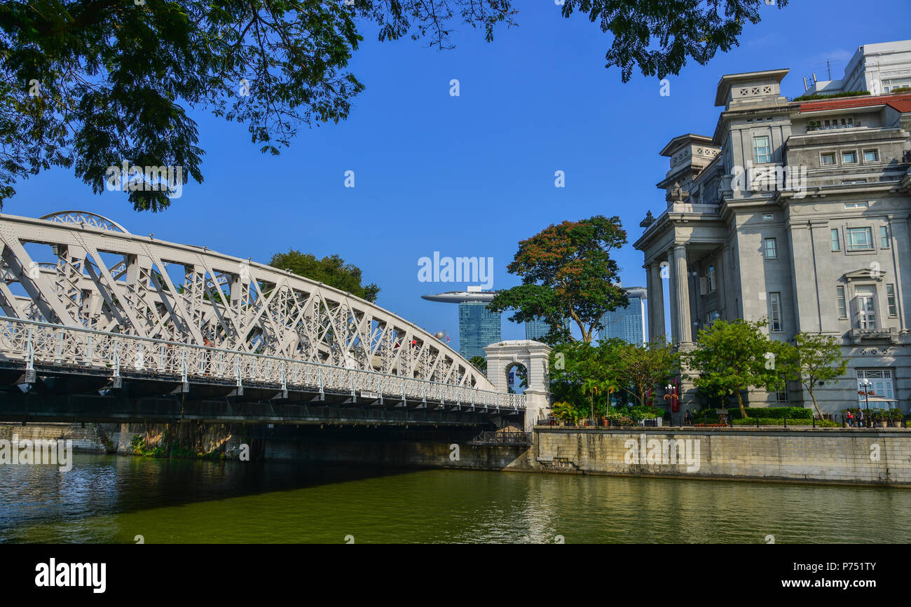 Singapore - Feb 9, 2018. Cavenagh Bridge over the Singapore River. The ...
